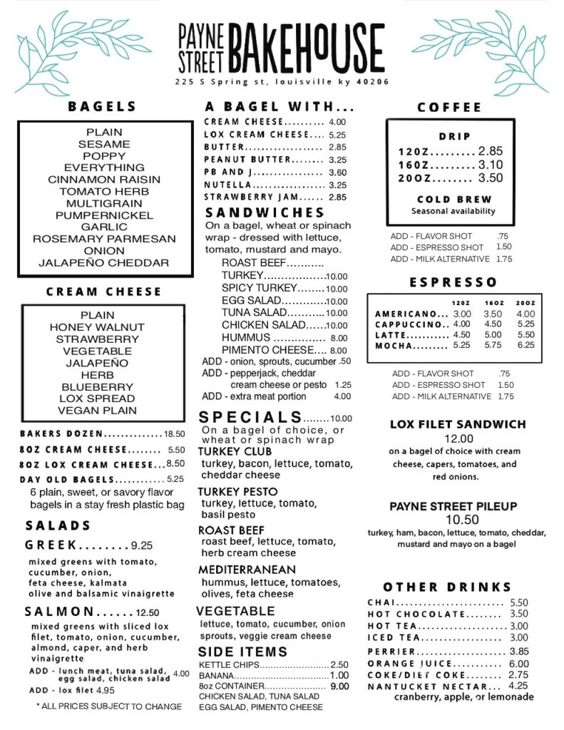 Our Menu – Payne Street Bakehouse
